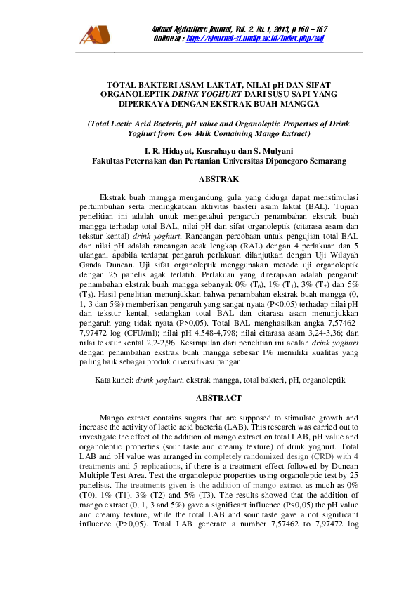 (PDF) TOTAL BAKTERI ASAM LAKTAT, NILAI pH DAN SIFAT ORGANOLEPTIK DRINK YOGHURT DARI SUSU SAPI ...