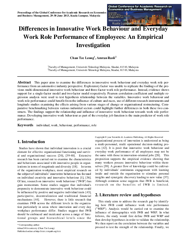 (PDF) Differences in Innovative Work Behaviour and Everyday Work Role Performance of Employees ...
