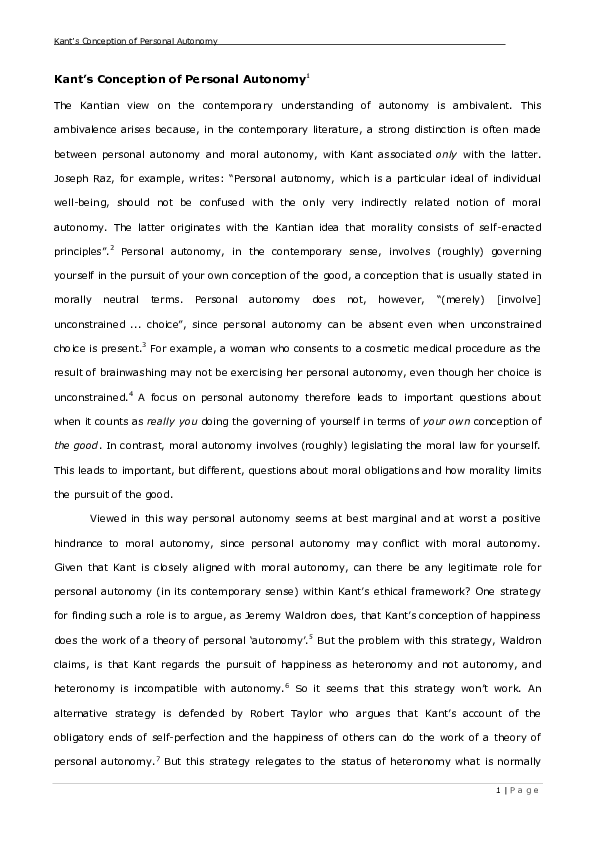 (PDF) Paul Formosa, “Kant’s Conception of Personal Autonomy”, Journal ...