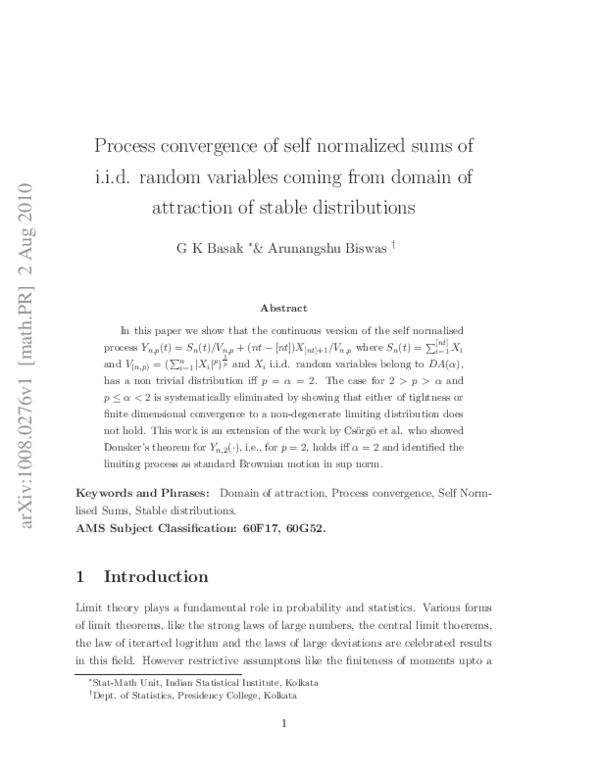 (PDF) Process convergence of self normalized sums of i.i.d. random variables coming from domain ...
