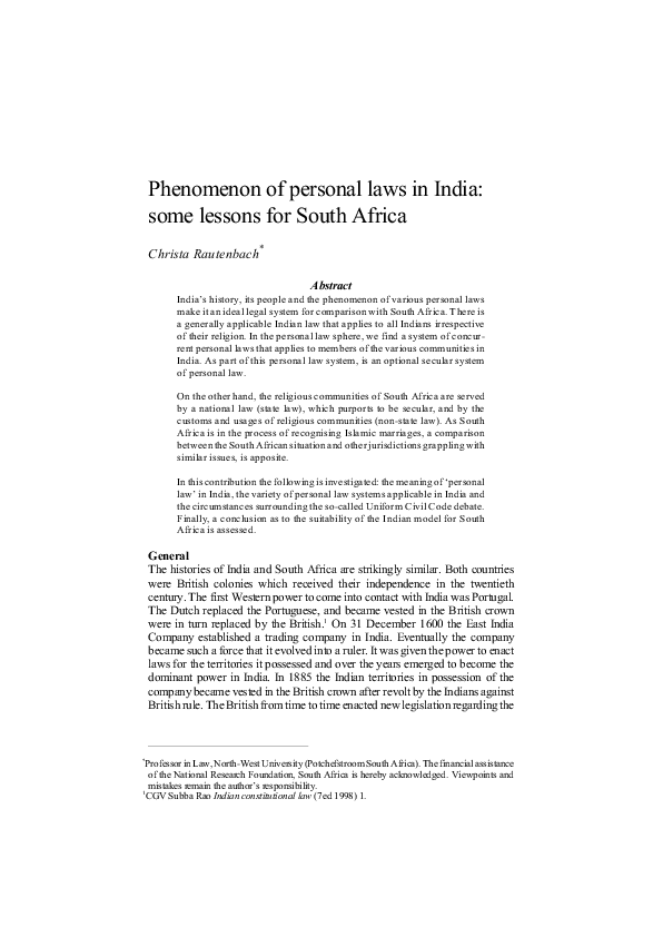 (PDF) Phenomenon of Personal Laws in India: Some Lessons for South Africa