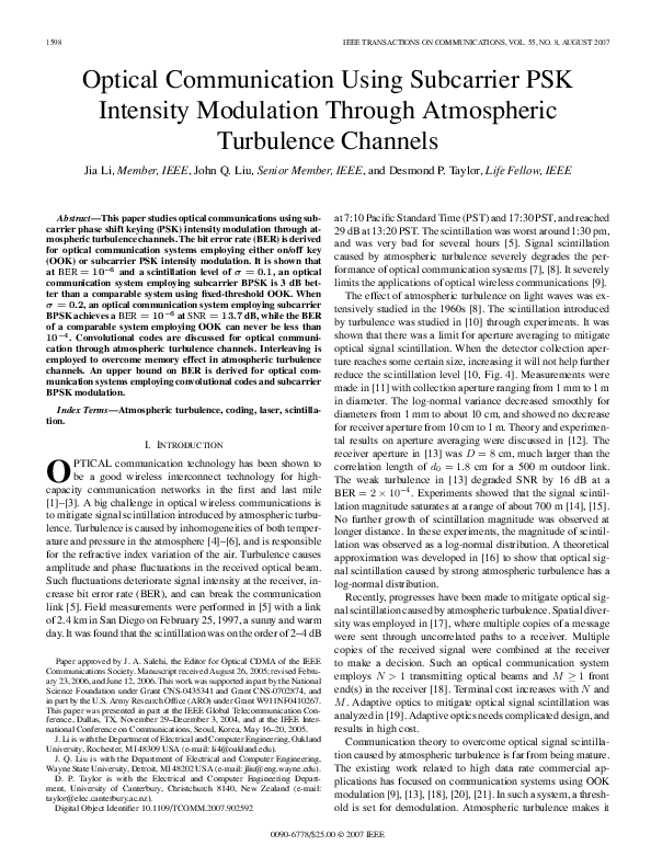 (PDF) Optical Communication Using Subcarrier PSK Intensity Modulation Through Atmospheric