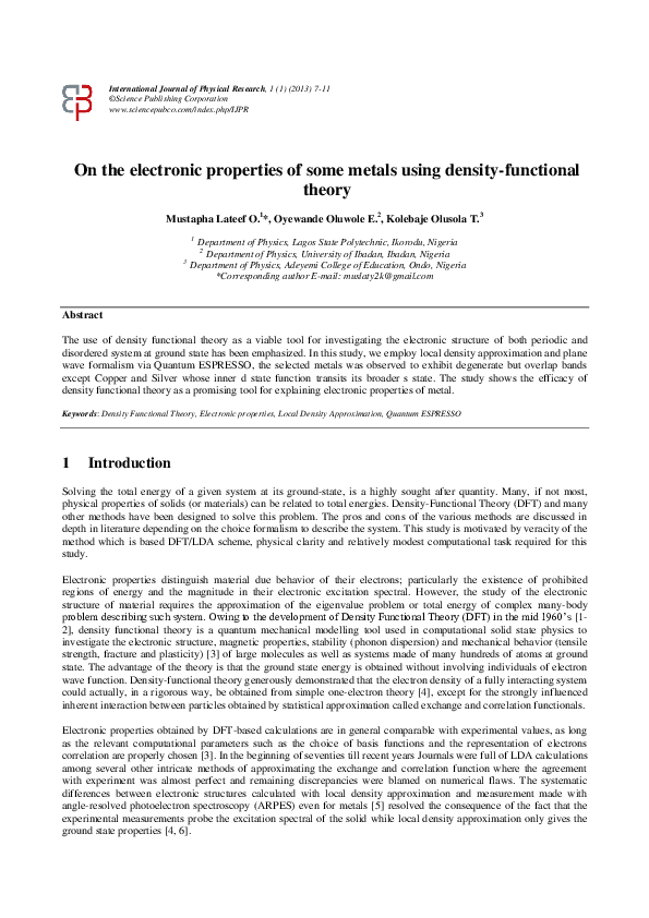 Pdf On The Electronic Properties Of Some Metals Using Density Functional Theory