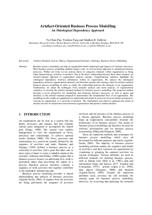 (PDF) Artefact-Oriented Business Process Modelling: An Ontological Dependency Approach