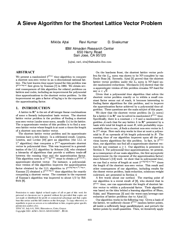 Pdf A Sieve Algorithm For The Shortest Lattice Vector Problem