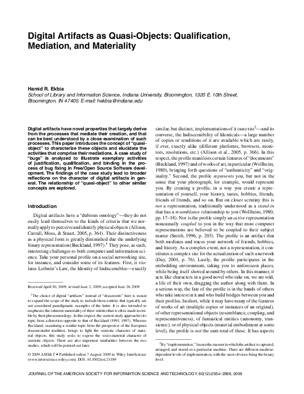 (PDF) Digital Artifacts as Quasi-Objects: Qualiﬁcation, Mediation, and ...