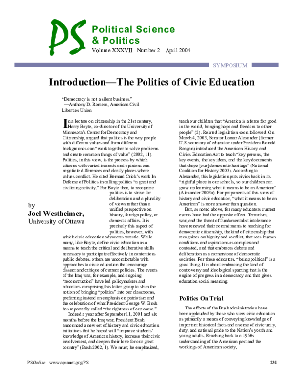 (PDF) Introduction: The politics of civic education