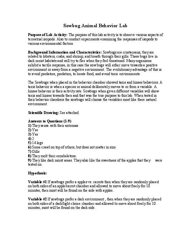 (DOC) Sowbug Animal Behavior Lab