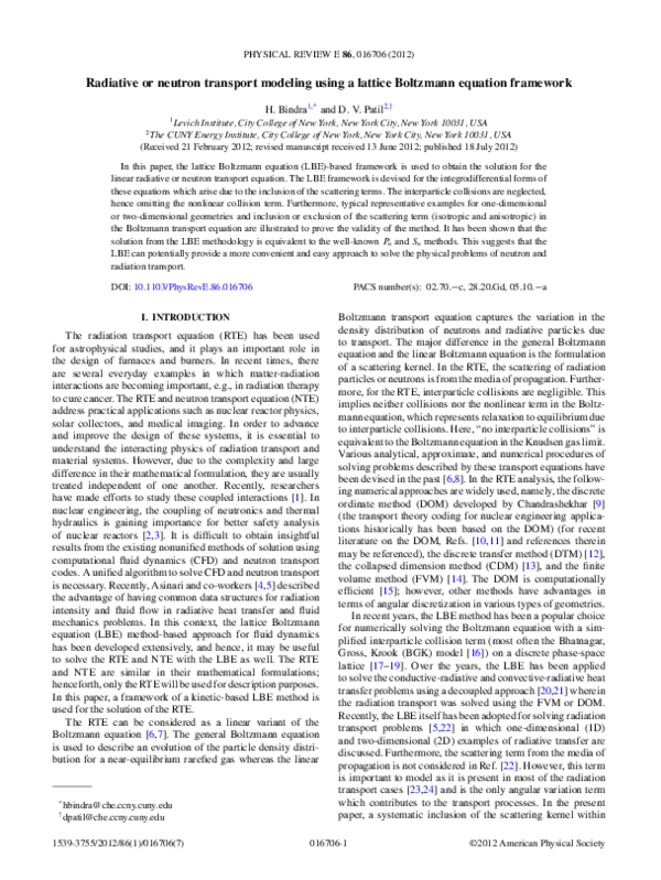 (PDF) Radiative or neutron transport modeling using a lattice Boltzmann ...