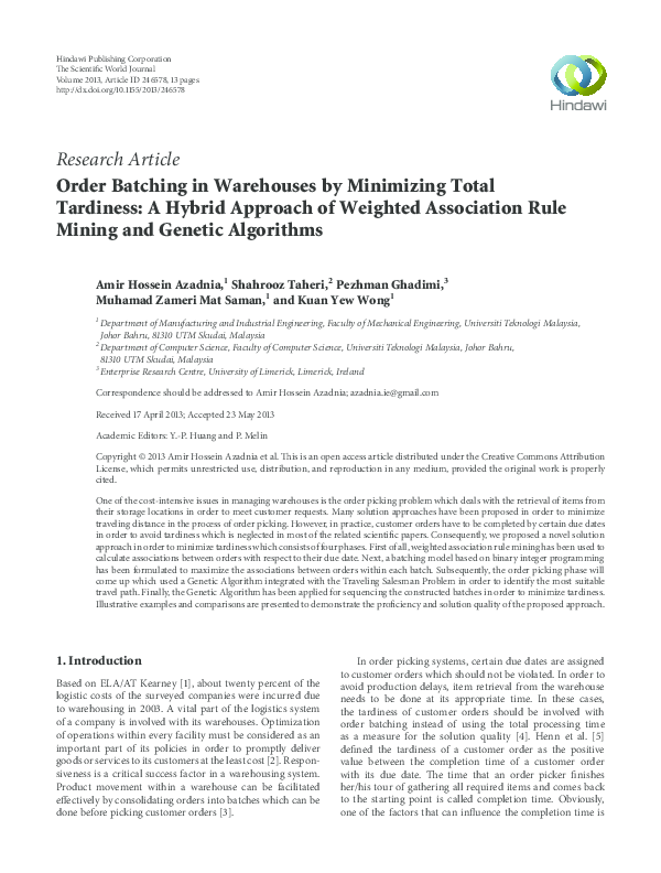 (PDF) Order Batching in Warehouses by Minimizing Total Tardiness: A Hybrid Approach of Weighted ...