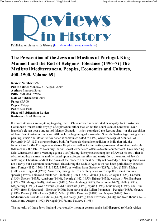 François Soyer, The Persecution of the Jews and Muslims of Portugal ...