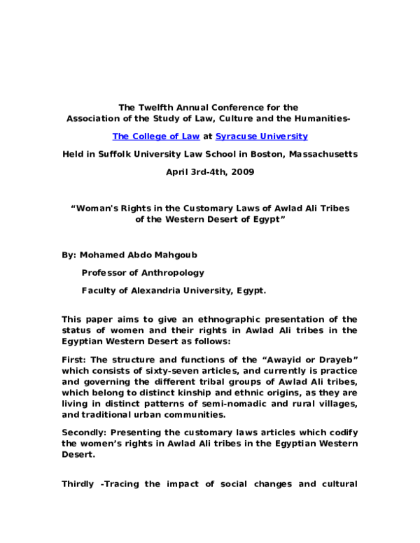 (DOC) “Woman's Rights in the Customary Laws of Awlad Ali Tribes