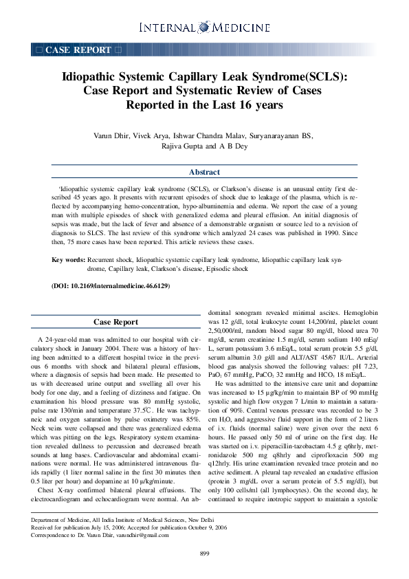 Idiopathic Systemic Capillary Leak Syndrome(SCLS): Case Report and ...