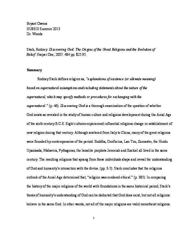 (PDF) Stark, Rodney. Discovering God: The Origins of the Great ...