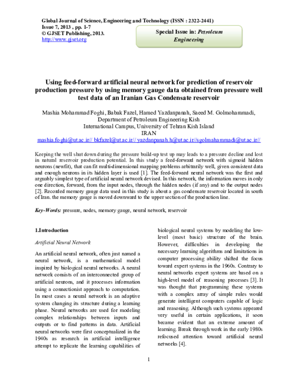 Pdf Using Feed Forward Artificial Neural Network For Prediction Of Reservoir Production