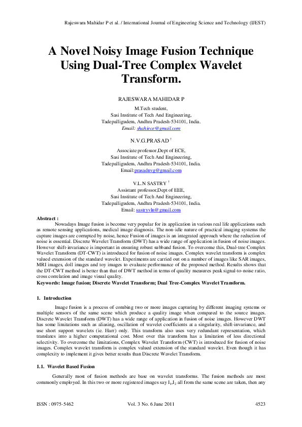 (PDF) A Novel Noisy Image Fusion Technique Using Dual-Tree Complex Wavelet