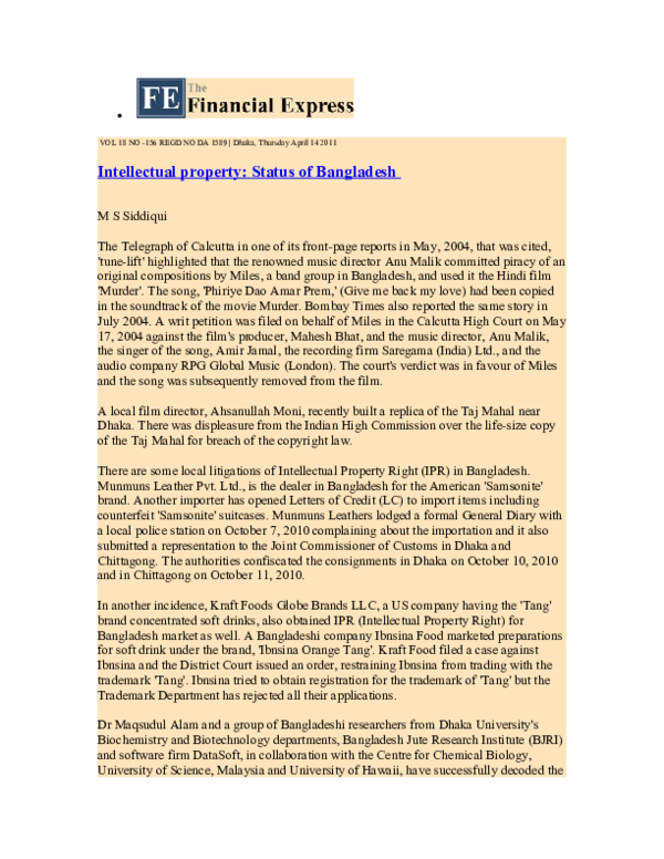(DOC) Intellectual property: Status of Bangladesh
