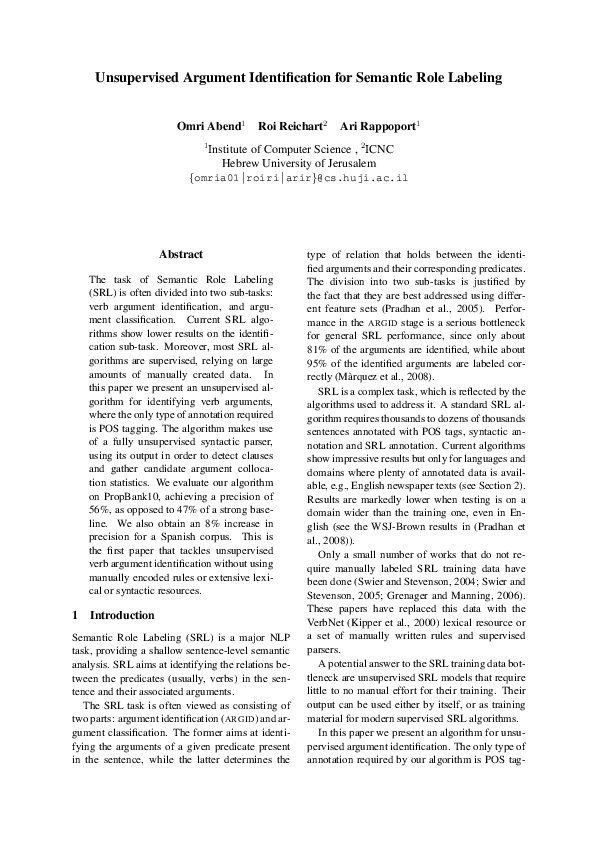 (PDF) Unsupervised Argument Identification for Semantic Role Labeling