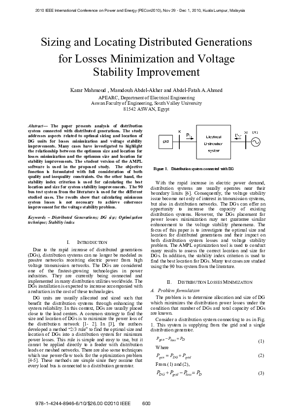 Figure 1. Distribution system connected with DG Sizing and Locating Distributed Generations for ...