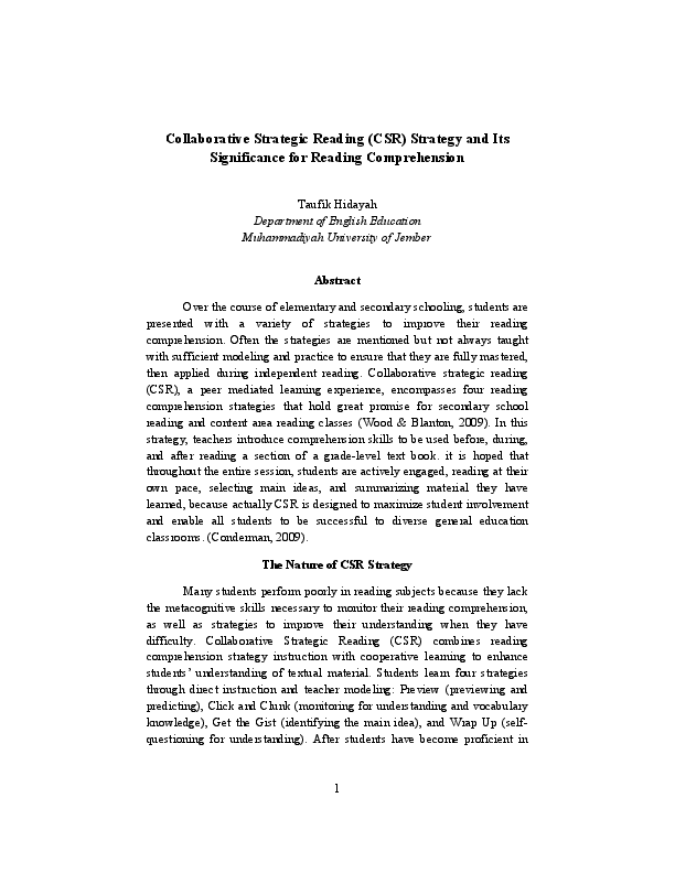 Collaborative Strategic Reading (CSR) Strategy and Its Significance for ...