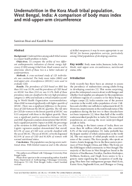 (PDF) Undernutrition in the Kora Mudi tribal population, West Bengal ...
