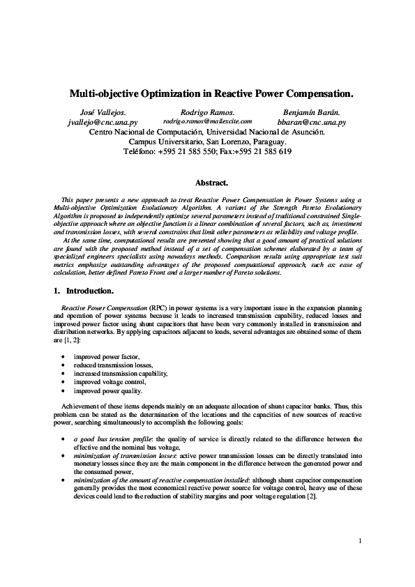 Pdf Multi Objective Optimization In Reactive Power Compensation
