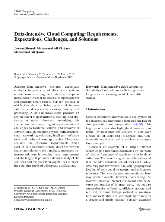 (PDF) Data-Intensive Cloud Computing: Requirements, Expectations, Challenges, and Solutions