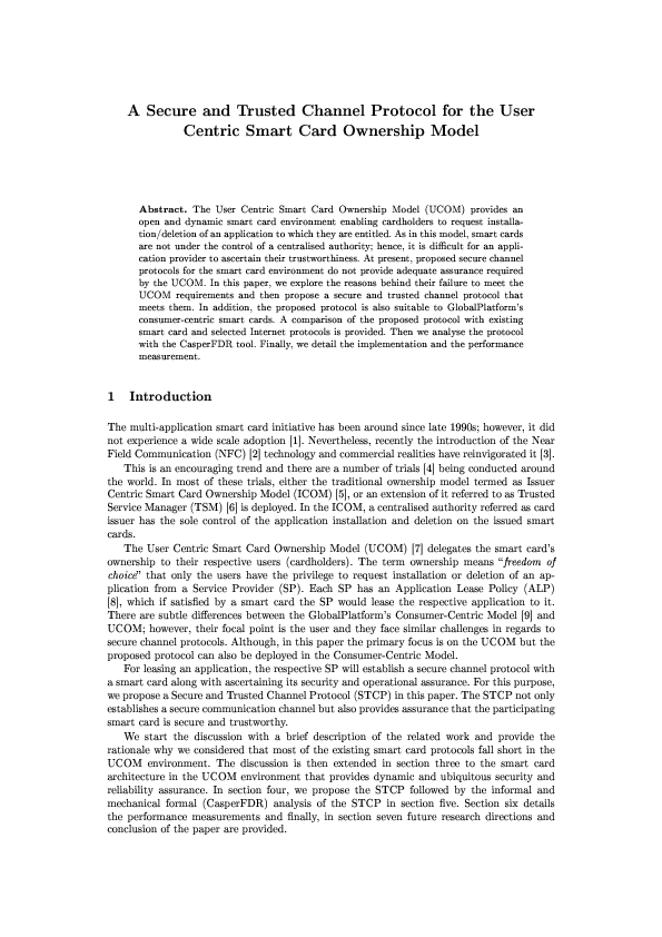 (PDF) A Secure and Trusted Channel Protocol for User Centric Smart Cards