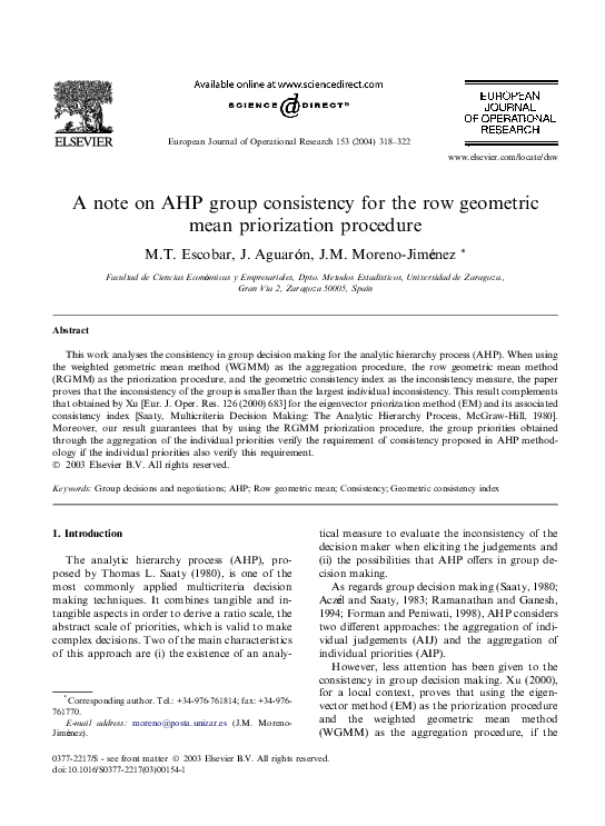 (PDF) A note on AHP group consistency for the row geometric mean ...