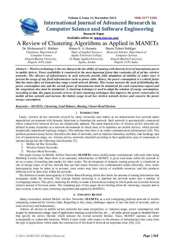 Pdf A Review Of Clustering Algorithms As Applied In Manets