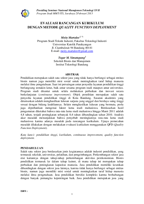 (PDF) Evaluasi Rancangan Kurikulum dengan Metode Quality Function Deployment
