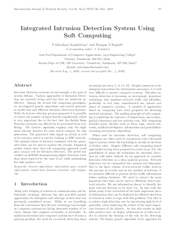 Pdf Integrated Intrusion Detection System Using Soft Computing