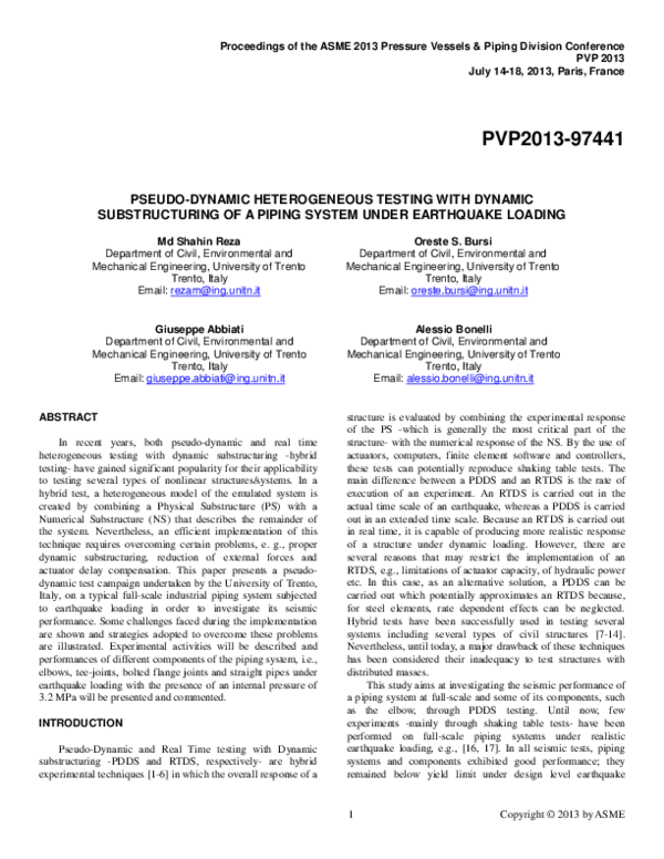 Pdf Pseudo Dynamic Heterogeneous Testing With Dynamic Substructuring Of A Piping System Under