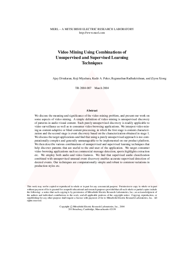 (PDF) Video mining using combinations of unsupervised and supervised learning techniques