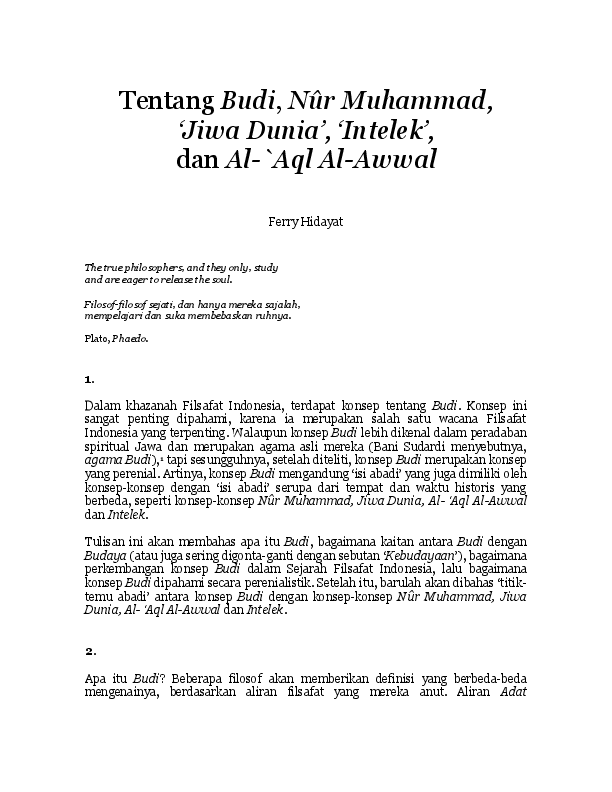 (PDF) Tentang Budi, Nur Muhammad, 'Jiwa Dunia', 'Intelek', dan 'Al-`Aql ...