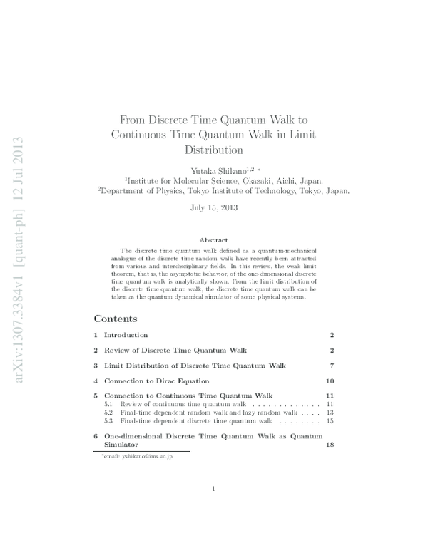 Pdf From Discrete Time Quantum Walk To Continuous Time Quantum Walk In Limit Distribution