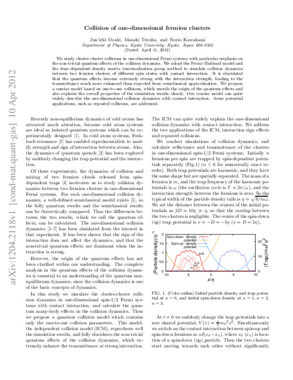 (PDF) Collision of one-dimensional fermion clusters