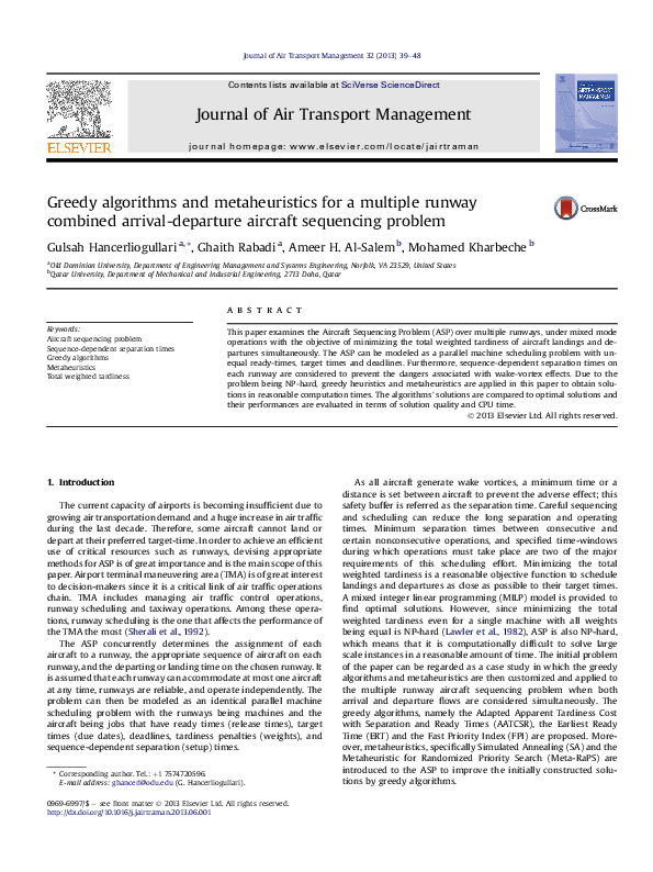 (PDF) Journal of Air Transport Management-Greedy Algorithms and Metaheuristics for a Multiple ...