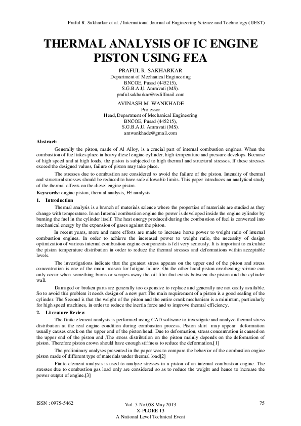 (PDF) THERMAL ANALYSIS OF IC ENGINE PISTON USING FEA