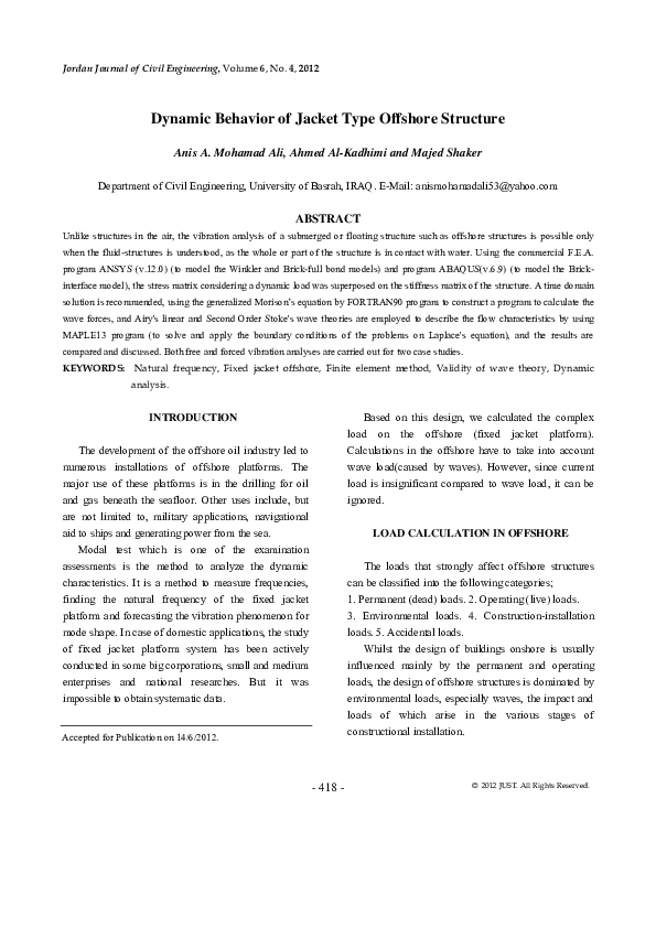 Pdf Dynamic Behavior Of Jacket Type Offshore Structure