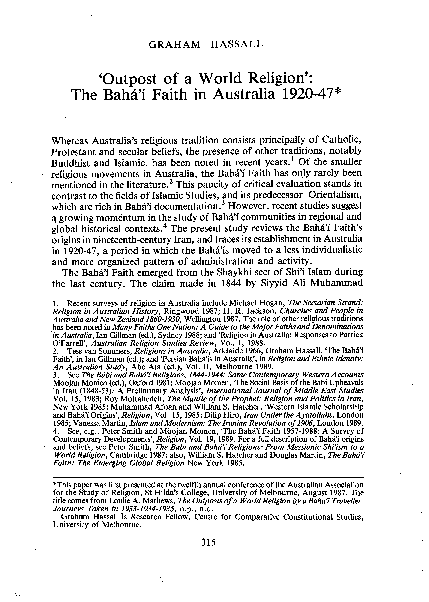 (PDF) Outpost of a World Religion: The Baha'i Faith in Australia 1920-1947