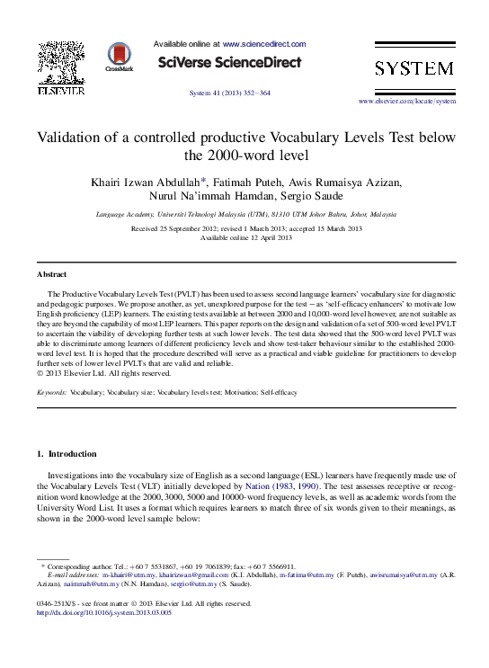 (PDF) Validation of a controlled productive Vocabulary Levels Test ...