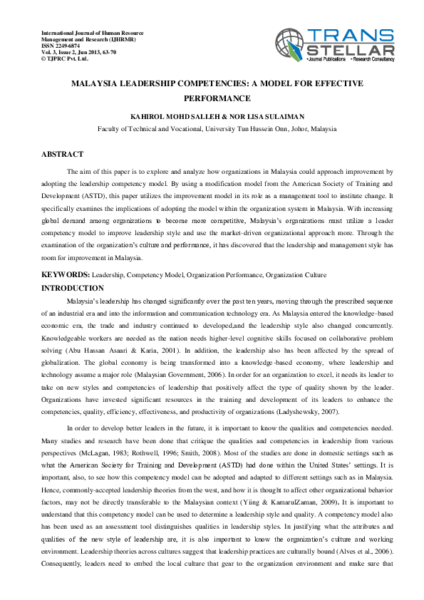 (PDF) Malaysia Leadership Competencies: A Model for Effective Performance