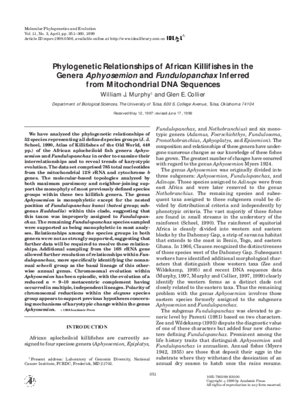 (PDF) Phylogenetic Relationships of African Killifishes in the Genera Aphyosemion and ...