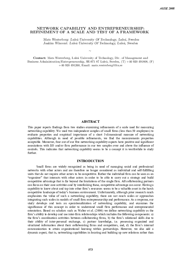 (PDF) NETWORK CAPABILITY AND ENTREPRENEURSHIP: REFINEMENT OF A SCALE ...