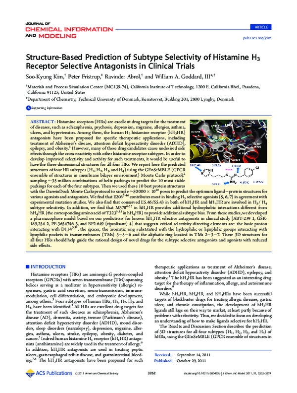 (PDF) Structure-Based Prediction of Subtype Selectivity of Histamine H3 ...