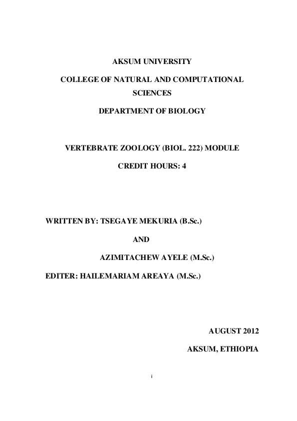 (PDF) VERTEBRATE ZOOLOGY - MODULE