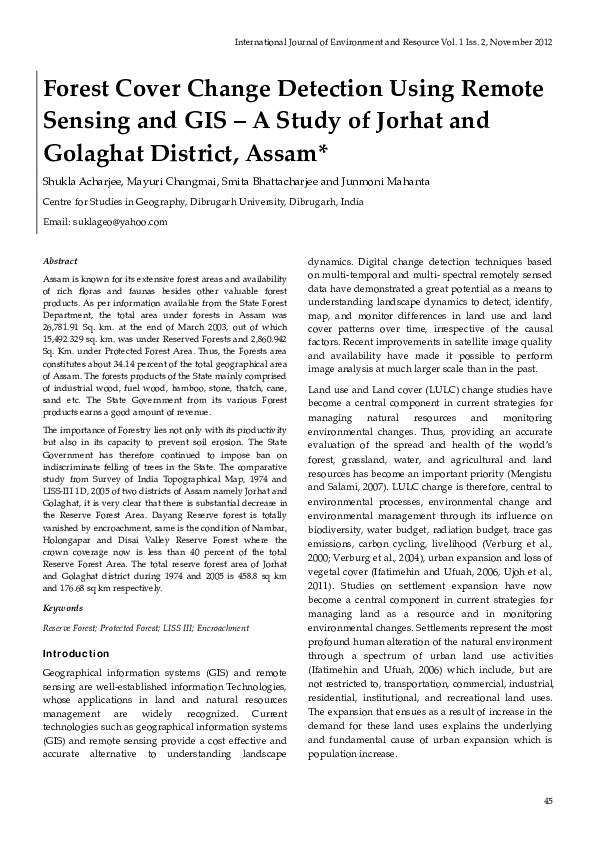 (PDF) Forest Cover Change Detection Using Remote Sensing and GIS – A Study of Jorhat and ...