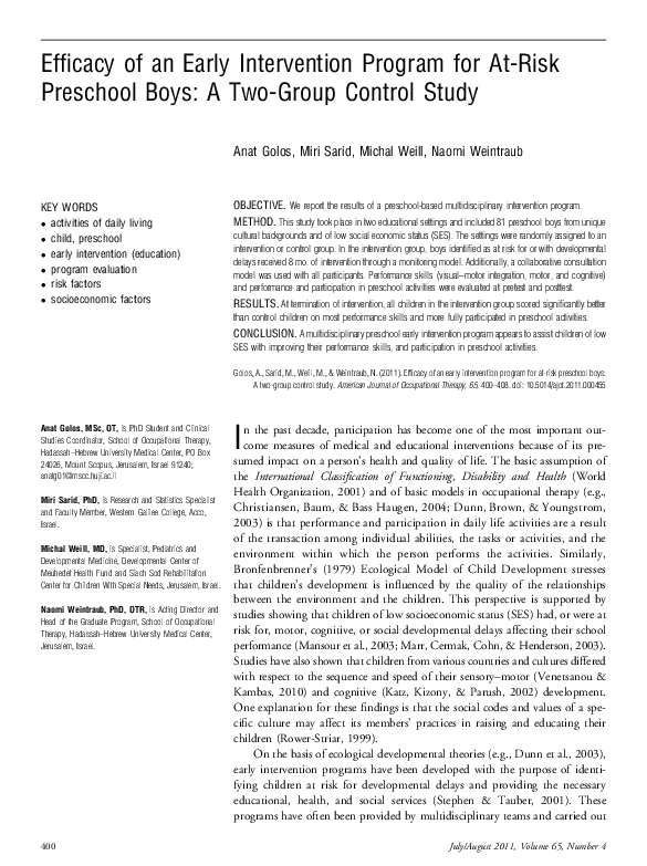 (PDF) Efficacy of an Early Intervention Program for At-Risk Preschool ...