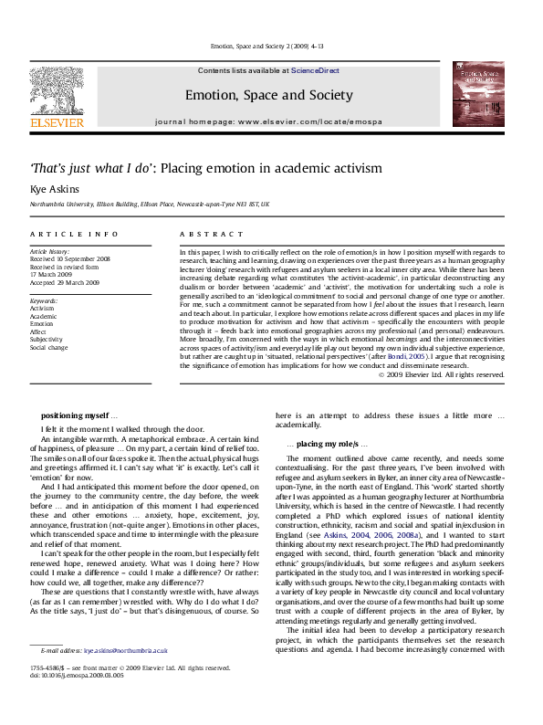 (PDF) 'That's just what I do': placing emotion in academic activism